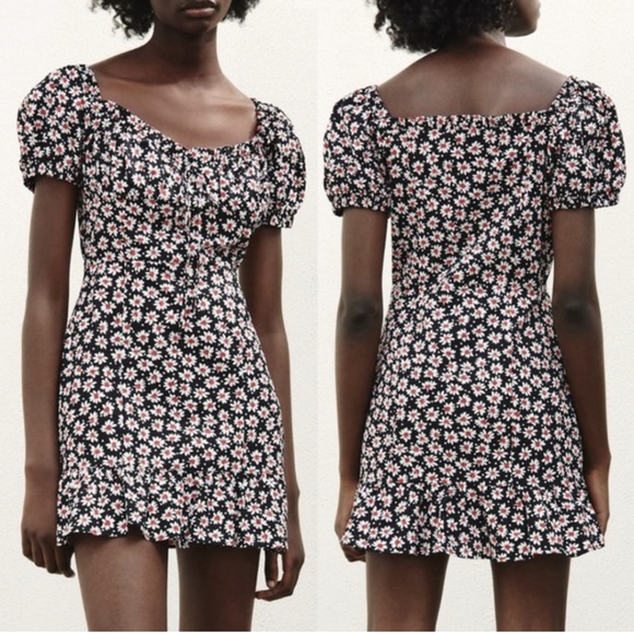 Zara | Dresses | Zara Red And Black Daisy Square Neck Mini Dress | Poshmark